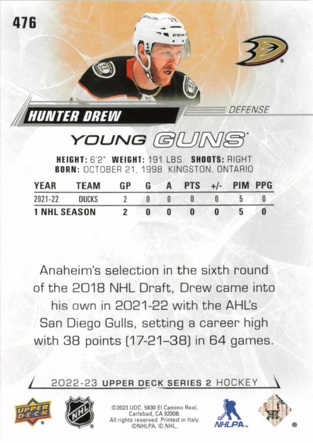 2022-23 Upper Deck Series 2 - Young Guns #476 Hunter Drew (RC) for sale ...