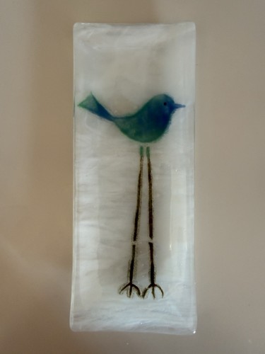 Vintage Fused Art Glass Trinket Dish Bird W/long legs / 8" x 3.25" / SO ...