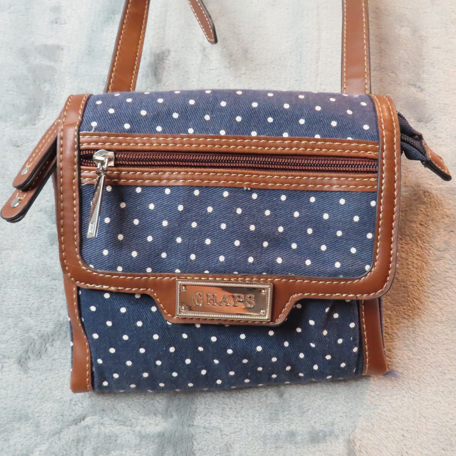 CHAPS Crossbody Bag Wallet Purse Navy White Poka Dot Canvas Nautical ...