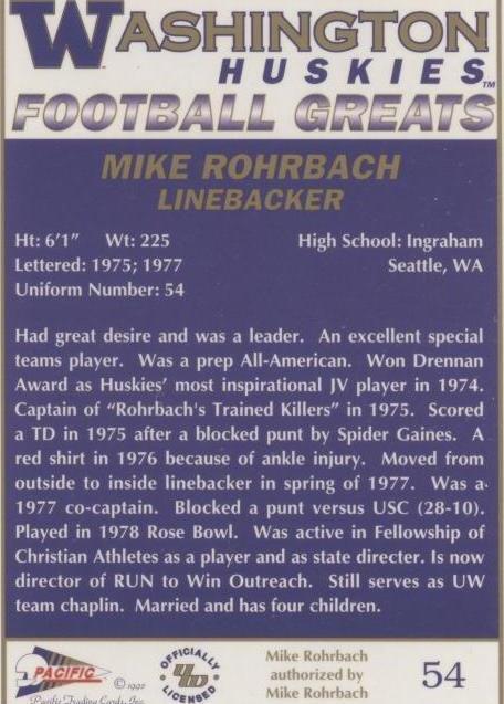 1992 Pacific Washington Huskies Football Greats Mike Rohrbach #54 | eBay