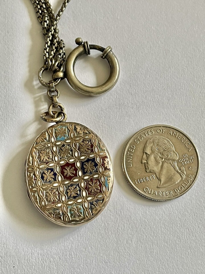 Antique Victorian Rolled Gold Enamel Oval Locket & Fob Watch Chain 5 1/ ...