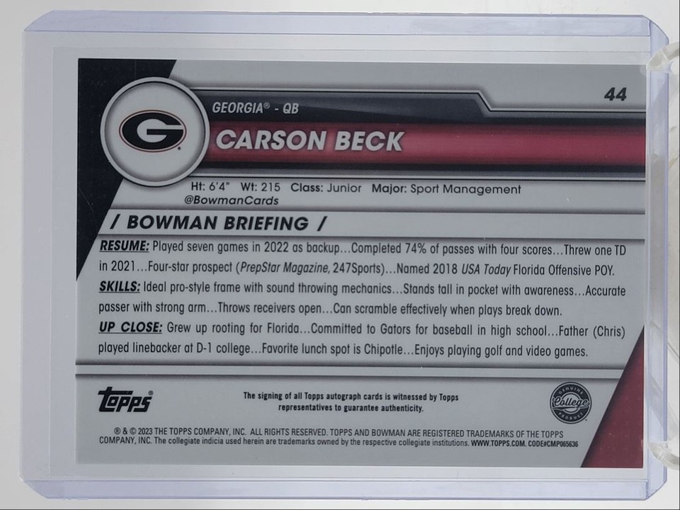 CARSON BECK 2023 BOWMAN UNIVERSITY CHROME 1ST AUTOGRAPH AUTO Q2550 | eBay