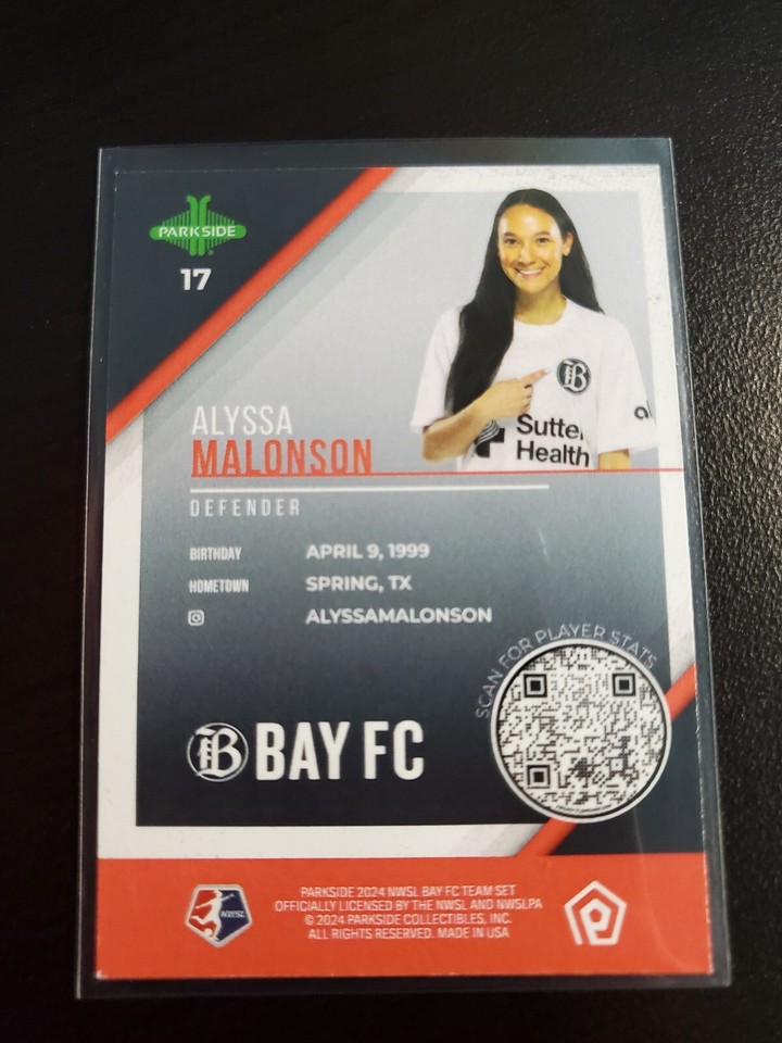 2024 Parkside NWSL Soccer - ALYSSA MALONSON, Bay FC Inaugural Team Set ...