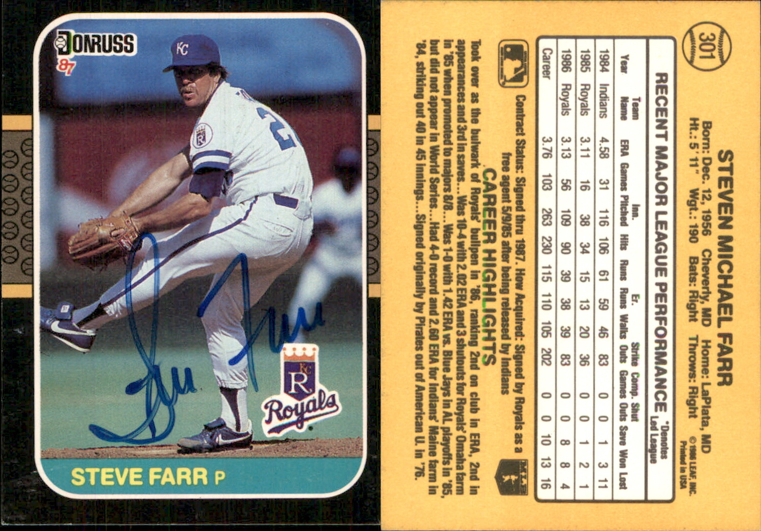 Steve Farr Signed 1987 Donruss #301 Card Kansas City Royals *Autograph ...