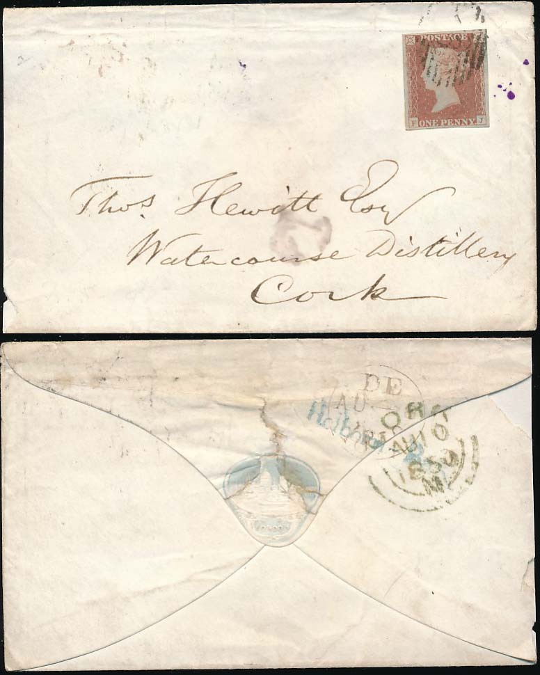 PENNY RED IMPERF 1850 LONDON VIGNETTE FLAP ENV to IRELAND DISTILLER FJ ...