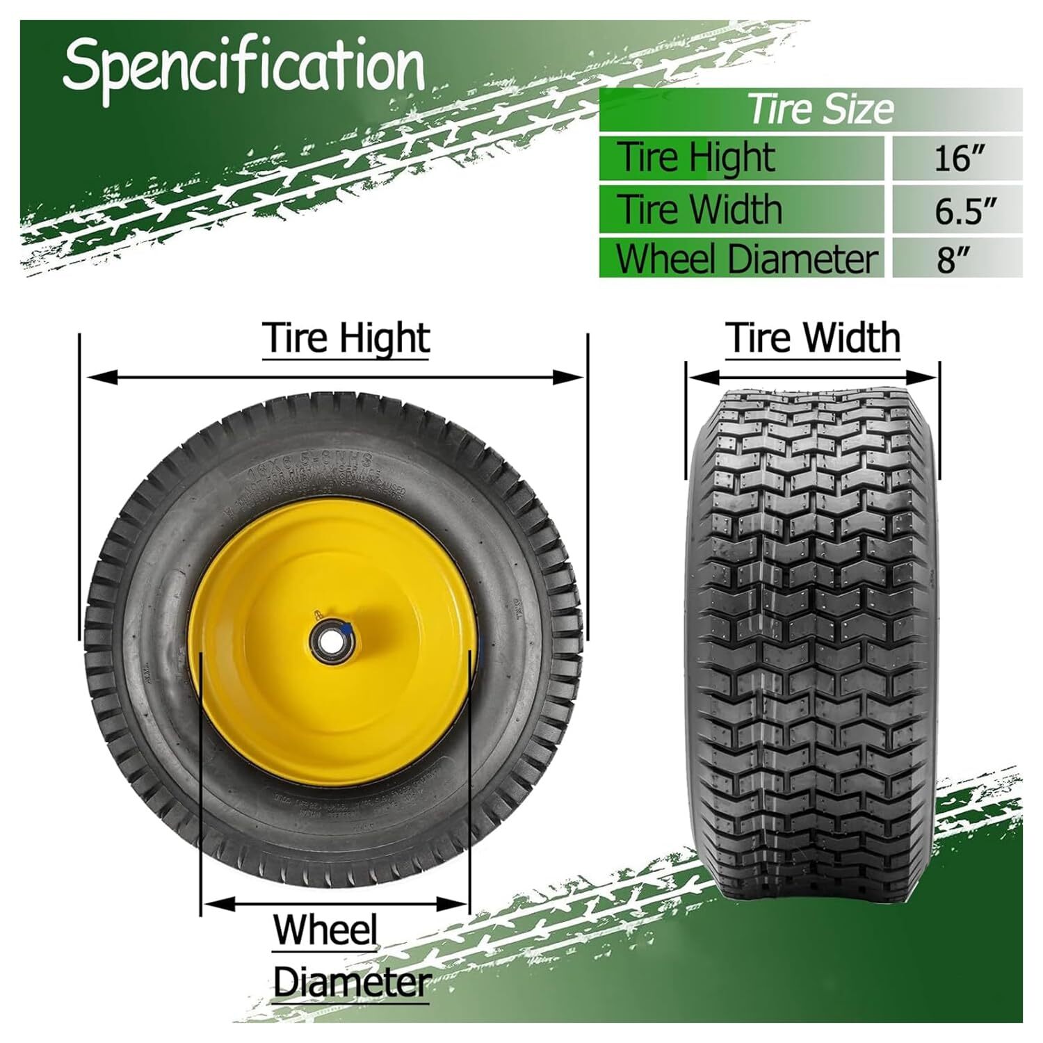 Lawn Mower Tire 16x6.5-8 Set of 2 16x6.5-8 4PR Tire and Wheel Assembly ...