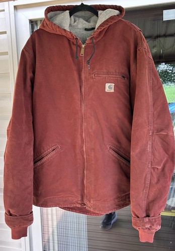Vintage Carhartt Men's Burnt Red J141 CLY Hooded Sherpa Lined Jacket ...