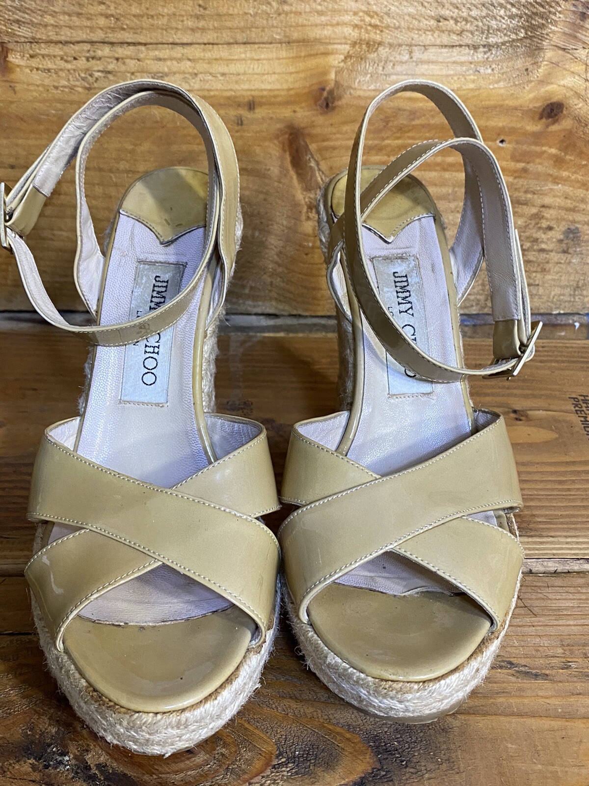 Jimmy Choo Patted Leather Beige Espadrille Platform Wedge Strap Sandals ...