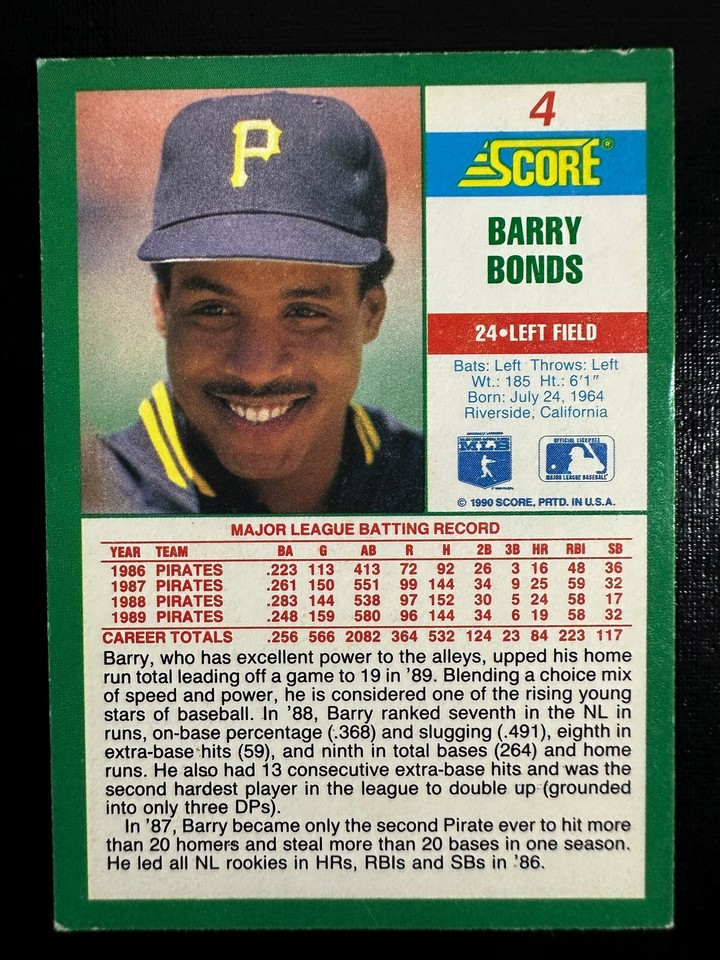 Barry Bonds 1990 Score Baseball Card Pittsburgh Pirates #4 | eBay