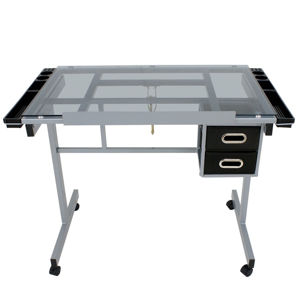 Drafting Table on Wheels Adjustable Glass Tabletop Drawing Desk w ...