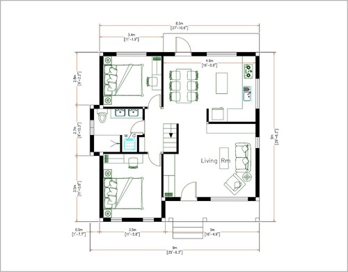 30x30 Feet House Plans 9x9 Meter 2 Beds 1 bath Hip Roof PDF Plan (A4 ...