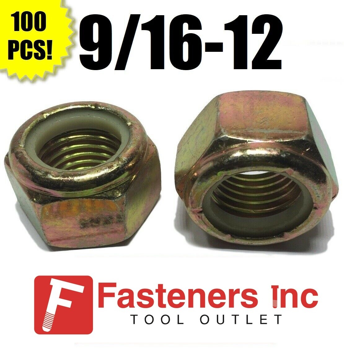 (Qty 100) 9/16-12 Grade 8 Nylon Insert Lock Nuts Nylock Yellow Zinc ...