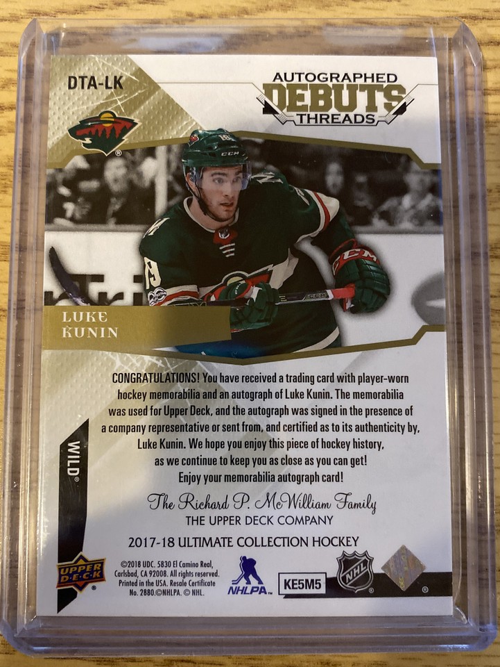 2017-18 Ultimate Collection LUKE KUNIN Autograph Debuts Threads Patch ...