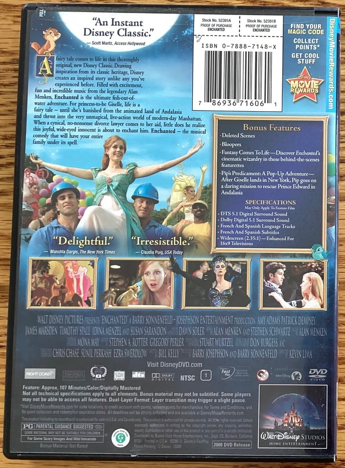Enchanted DVD with Amy Adams, Patrick Dempsey, Susan Sarandon, Idina ...