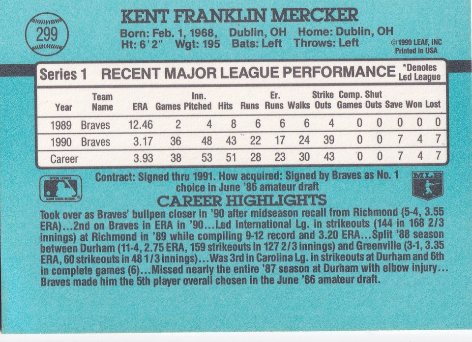 1991 Donruss #299 Kent Mercker MLB Atlanta Braves + (Yes 3 Free Mystery ...