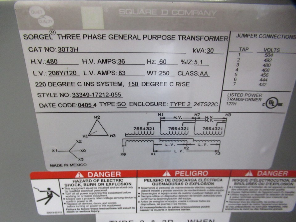 Square D 30T3H 30KVA Transformer (NS) 480X120/208 Volt 3 Phase -T637 ...