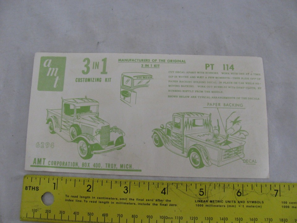 Vintage 1960s AMT 3'n1 Customizing Model Car Kit Decal Sheet #PT-114 Un ...