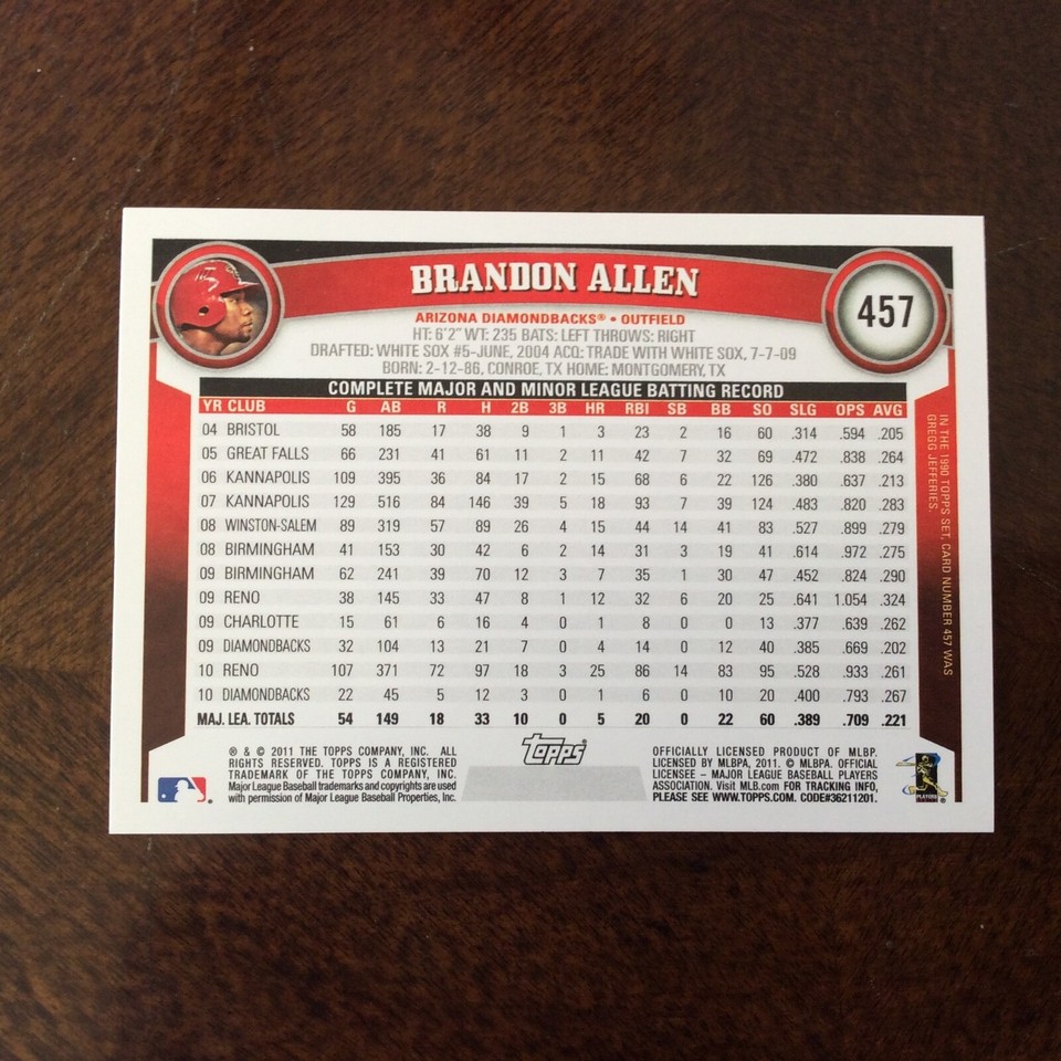 2011 Topps #457 Brandon Allen Arizona Diamondbacks | eBay