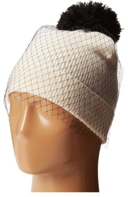 Betsey Johnson White Cream Beanie Cap Black Net Veil Fishnet Hat Adult ...