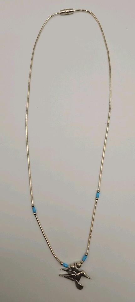 Liquid Silver Hummingbird Necklace w Turquoise Beads Sterling Signed ...