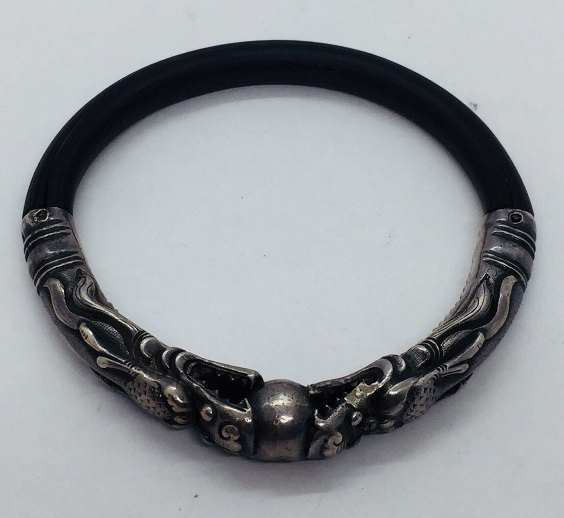 Antique Chinese Sterling Silver & Wood Double Dragon Bangle Bracelet | eBay