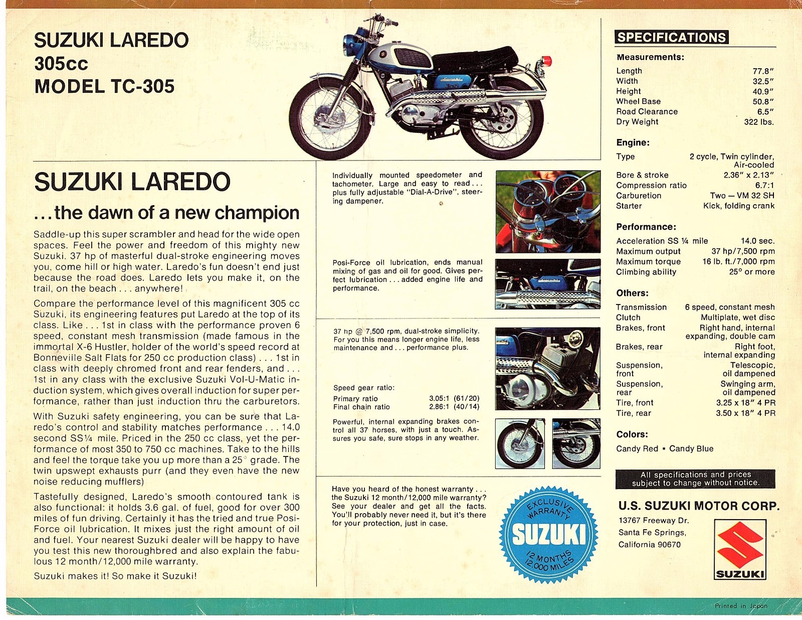 1968-1969 Suzuki TC-305 Laredo Motorcycle Sales Brochure Reprint ...