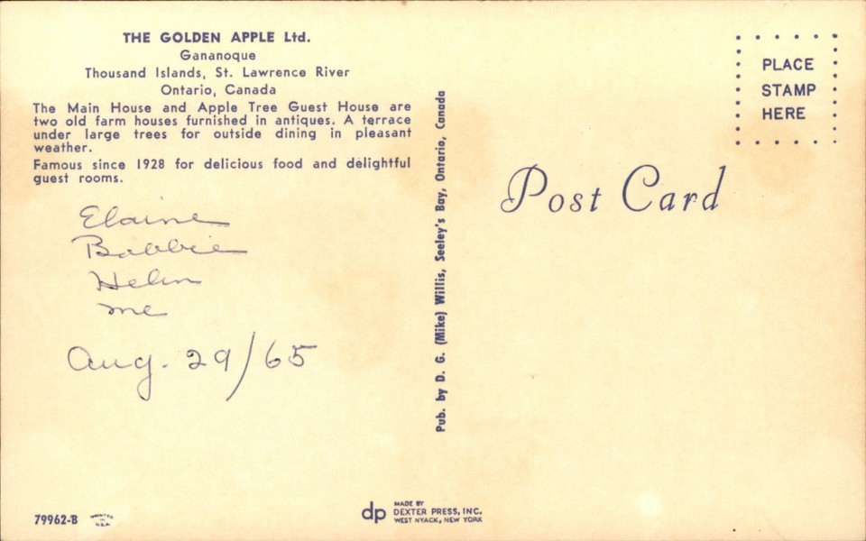 Golden Apple Restaurant Gananoque Ontario Canada vintage postcard u819 ...