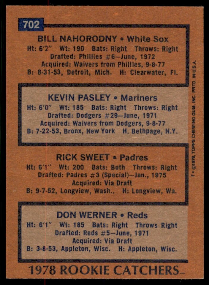 1978 Topps Rookie Catchers - Bill Nahorodny/Kevin Pasley/Rick Sweet/Don ...