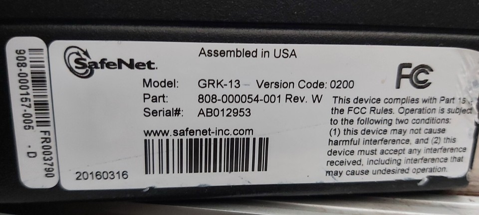 SafeNet GRK-13 808-000054-001 Network Security Appliance Code 0200 UPS ...