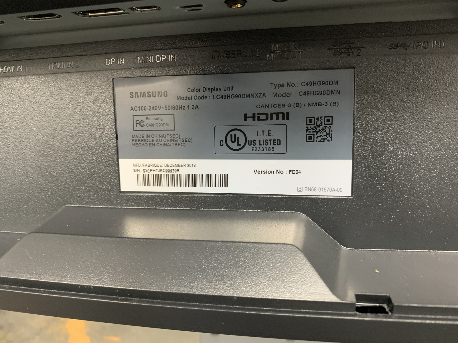 Samsung Gaming Monitor Color Display Unit Model: LC49HG90DMNXZA SCREEN ...