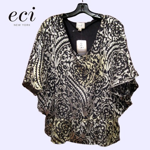 Eci NEW Metallic Paisley Flutter Sleeve Blouse M | eBay