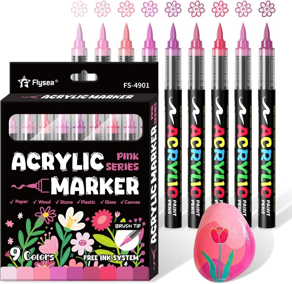 Paint Pens Acrylic Markers - 9 Pink Series Brush Tip Water Based Marker ...