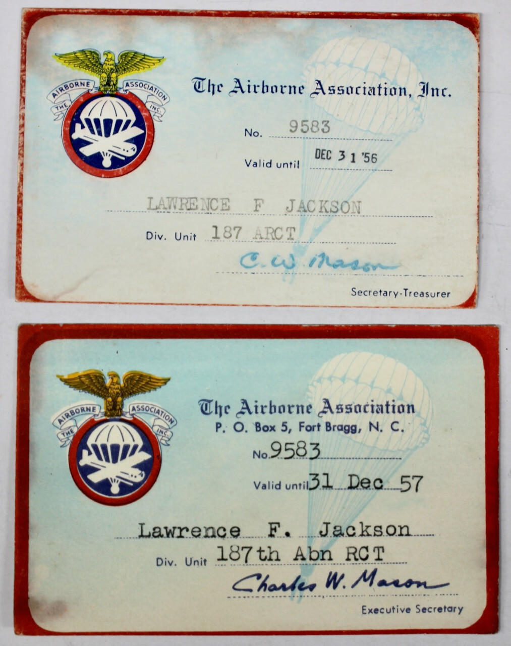 Original Lot of 2 1950s The Airborne Association, Inc. Membership Cards ...