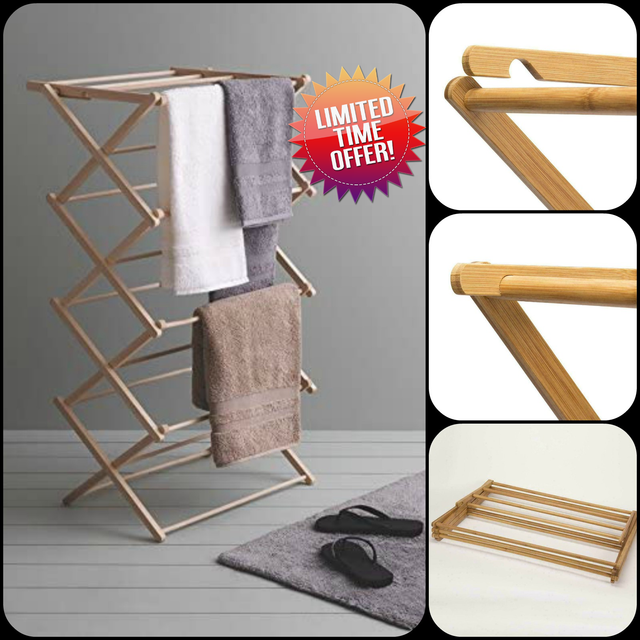 JVL 4 Tier Bamboo Wooden Folding Clothes Airer Free Standing Rack for ...
