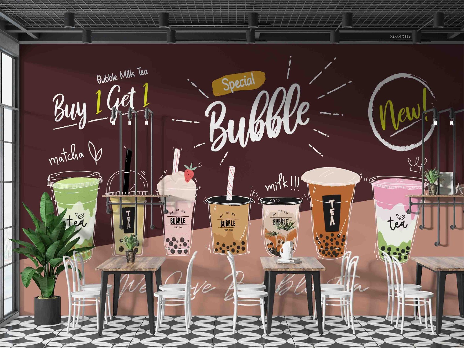 3D Bubble Milk Tea Shop Brown Wall Murals Wallpaper Murals Wall Sticker ...
