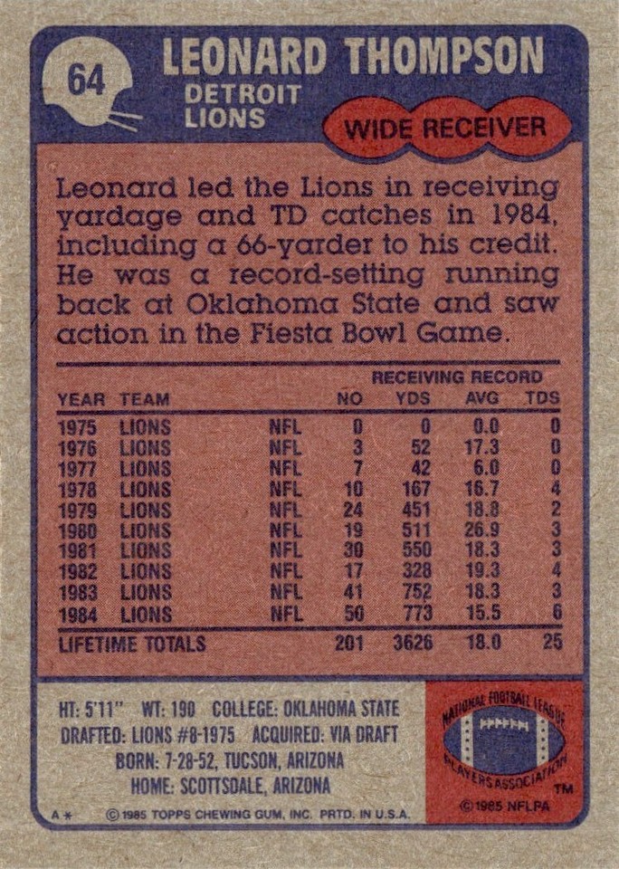 1985 Topps Leonard Thompson Detroit Lions #64 | eBay
