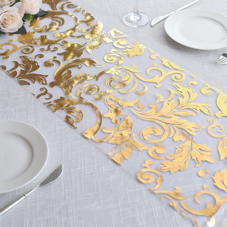 12" x 108" GOLD Organza TABLE RUNNER Metallic Floral Design Home ...