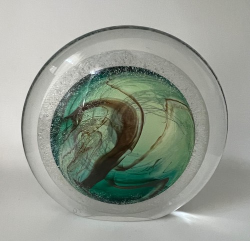 Green Abstract Art Glass Disc Paperweight SIGNED by David W. Reager ...