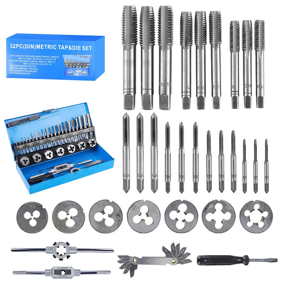 32 Piece Tap And Die Set Metric M3-M12 HSS Taper Plug & bottoming Dies ...