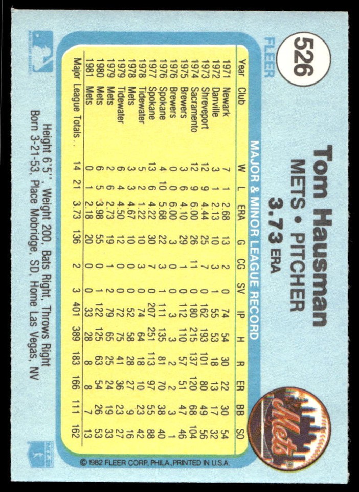 1982 Fleer 526 Tom Hausman New York Mets Baseball Card | eBay