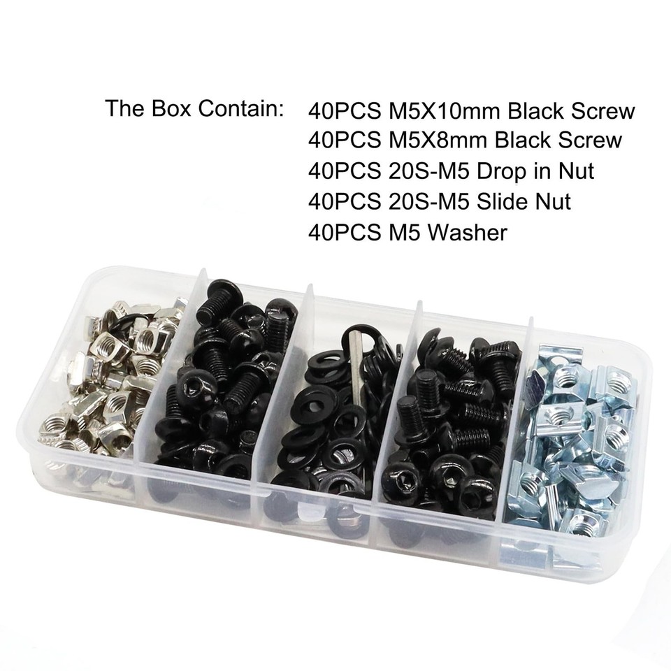 200Pcs 2020 Aluminum Extrusion M5 T Slot Nuts and Bolts Screws 20 ...
