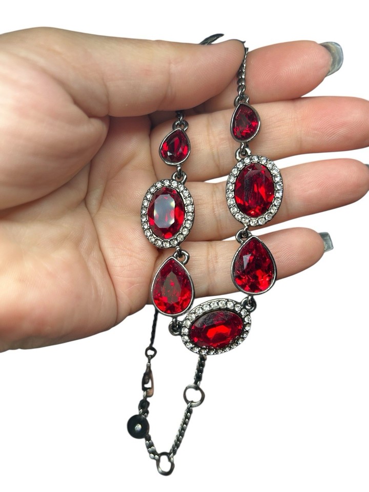 Givenchy Ruby Red Crystal Pendant Necklace Gunmetal Rhinestones 18 ...
