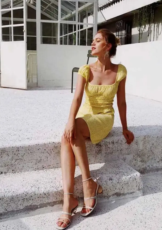 WITH JEAN Women's Marseille Yellow Floral Cap Sleeve Mini Dress Size S ...