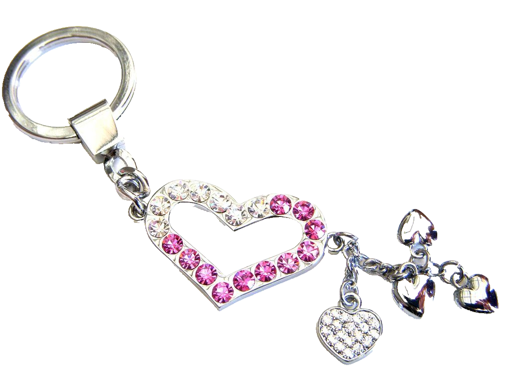 Heart Key Chain Pink Crystals Silver Plated Dangle Charm Valentines Day ...