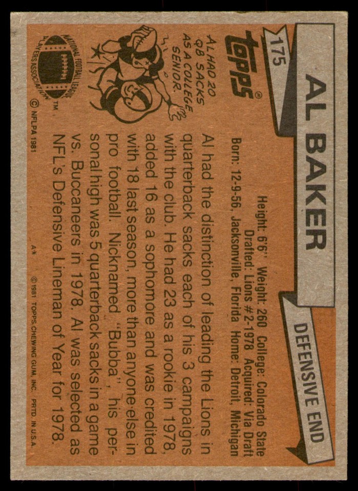 1981 Topps #175 Al Baker Detroit Lions Card | eBay