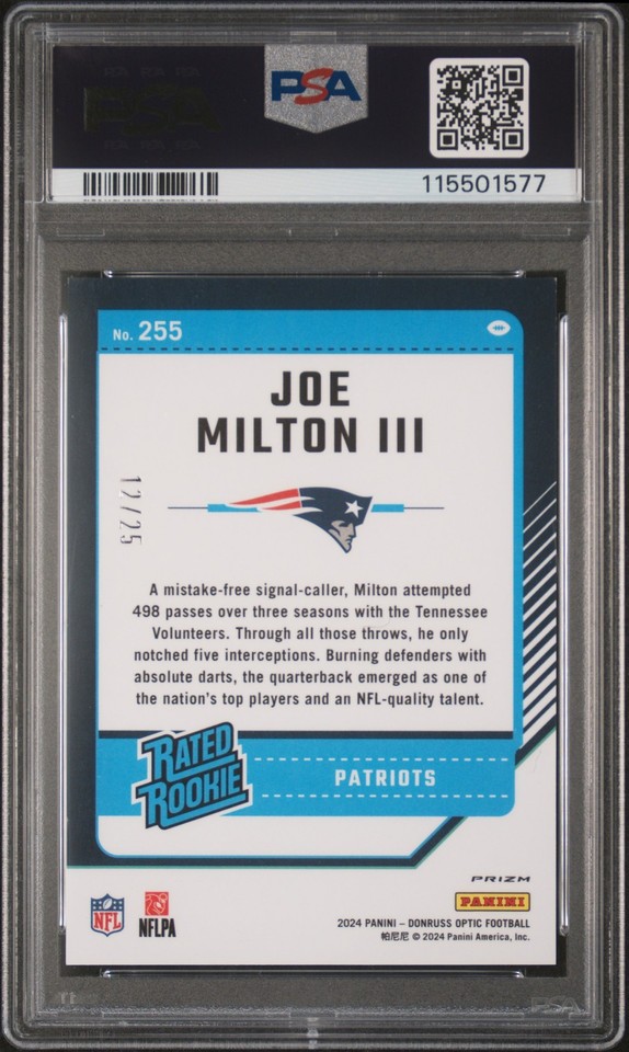 2024 PANINI DONRUSS OPTIC BLACK PANDORA #255 JOE MILTON III ROOKIE 12/ ...