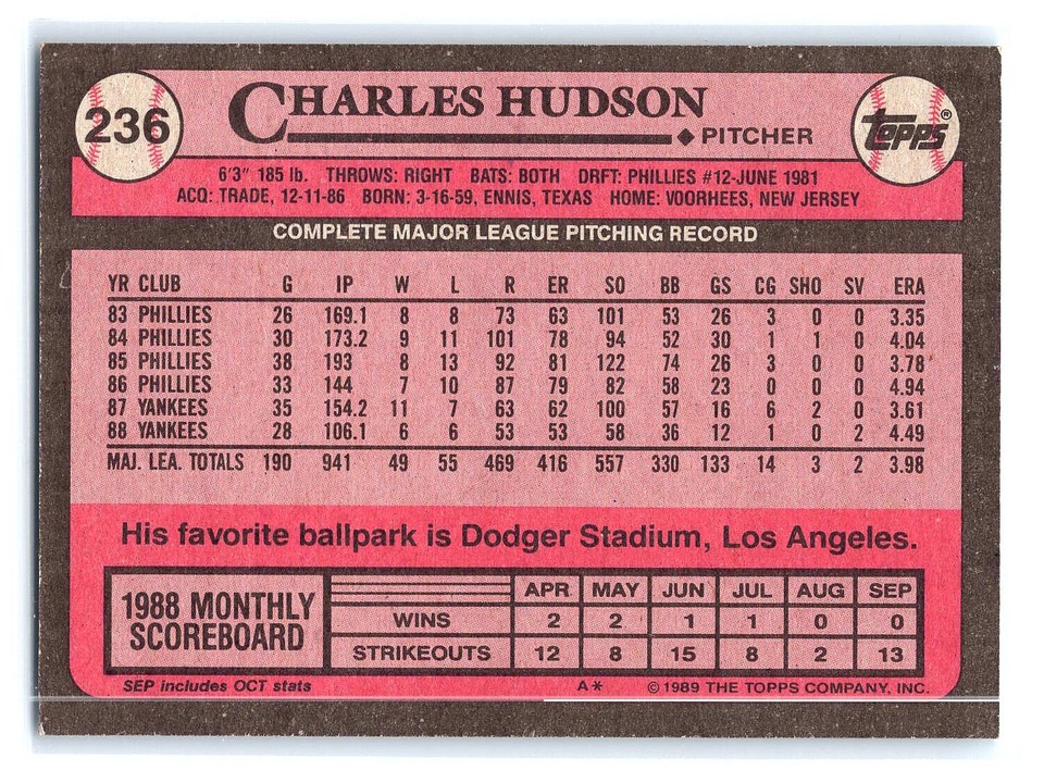 1989 Topps #236 Charles Hudson Baseball New York Yankees | eBay