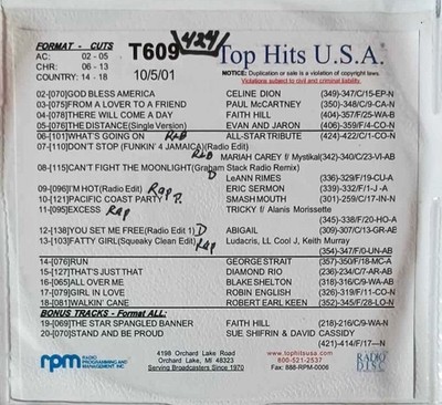 TOP HITS USA RADIO BROADCAST PROGRAMMING ROCK COUNTRY CD OCTOBER 5 2001 ...