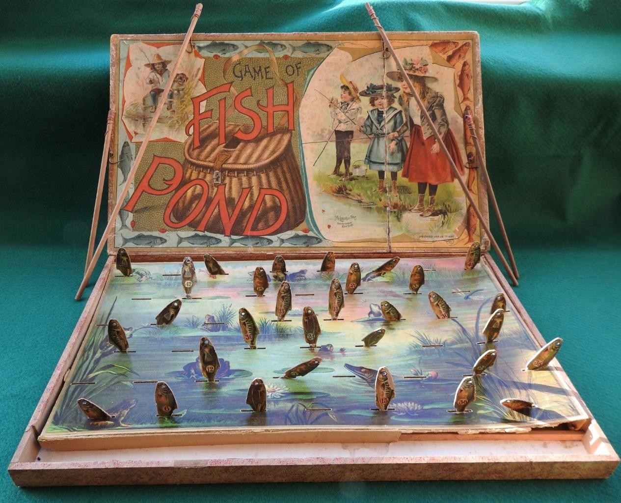 McLOUGHLIN BROS NEW YORK 1899 ANTIQUE CHROMOLITHO GAME OF FISH POND ...