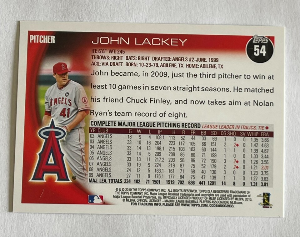 2010 TOPPS JOHN LACKEY #54 PITCHER LOS ANGELES ANGELS BASEBALL CARD | eBay